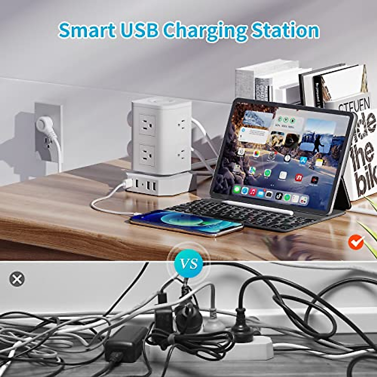 Surge Protector Power Strip Tower with USB Ports, 6FT Charging Station Long Extension Cord with Multiple Outlets, 8 AC Multi Plug Outlet Extender 4USB Ports 1800J Overload Protection for Home Office