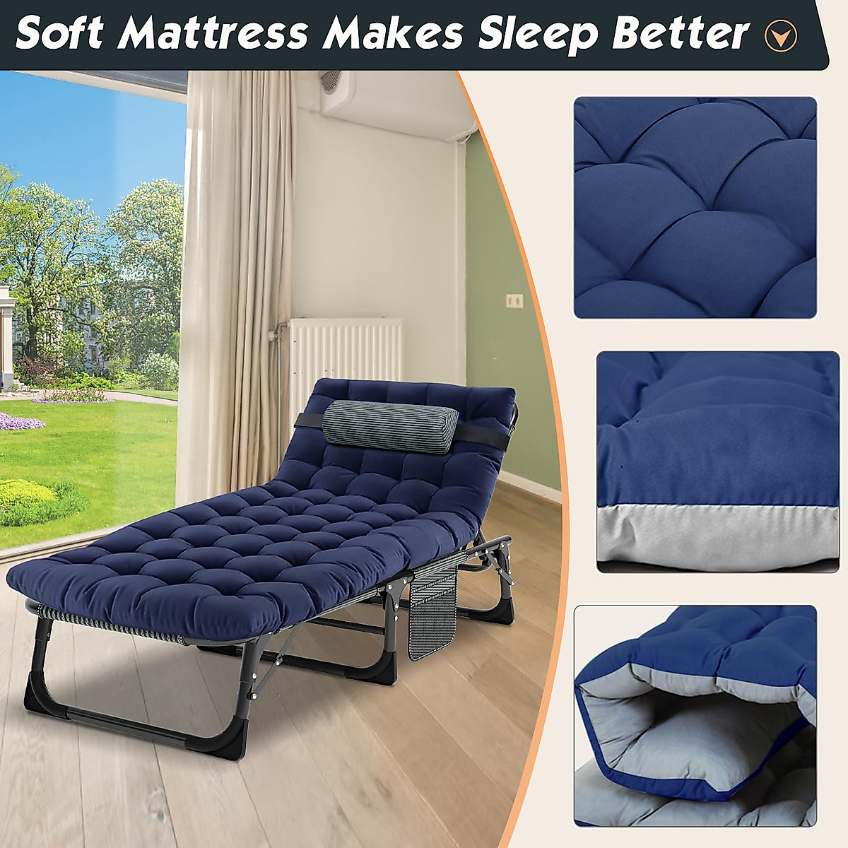 MOPHOTO Folding Lounge Chair 5-Position, Folding Cot, Portable Outdoor Folding Chaise Lounge Chair for Sun Tanning, Perfect for Pool Beach Patio Sunbathing