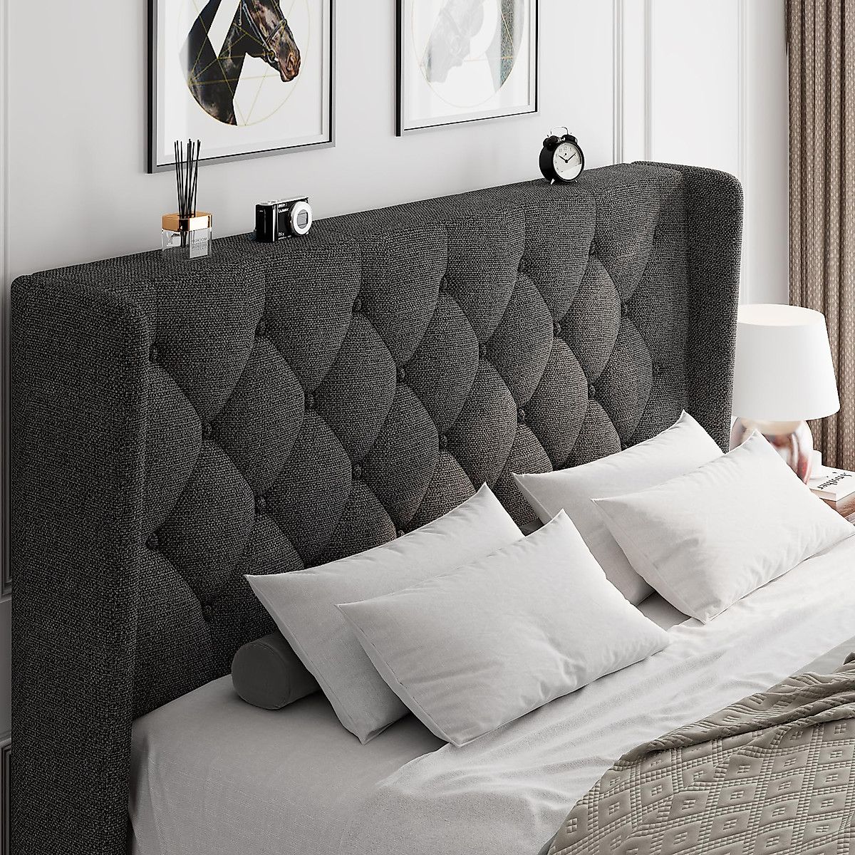 iPormis Queen Bed Frame Upholstered Wingback Platform Bed Frame with Diamond Button Tufted Headboard, 8" Under-Bed Space, Sturdy Wooden Slats, Noise-Free, No Box Spring Needed, Dark Gray