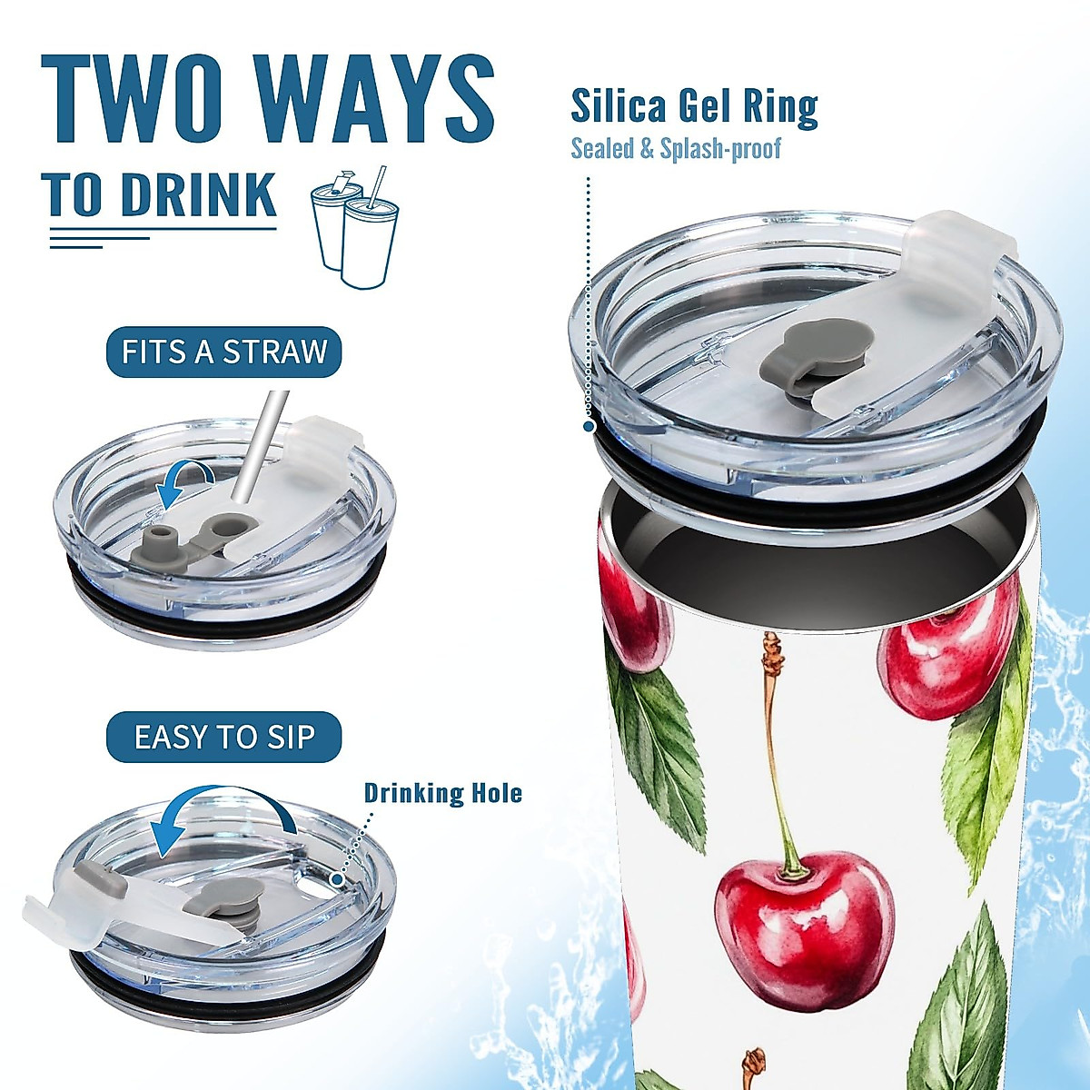 QWEUIOP 20oz Insulated Travel Coffee Mug Cherry Green Leaf Pattern Stainless Steel Tumbler with Lid Double Wall Vacuum Coffee Cup For Hot and Cold Drinks14116