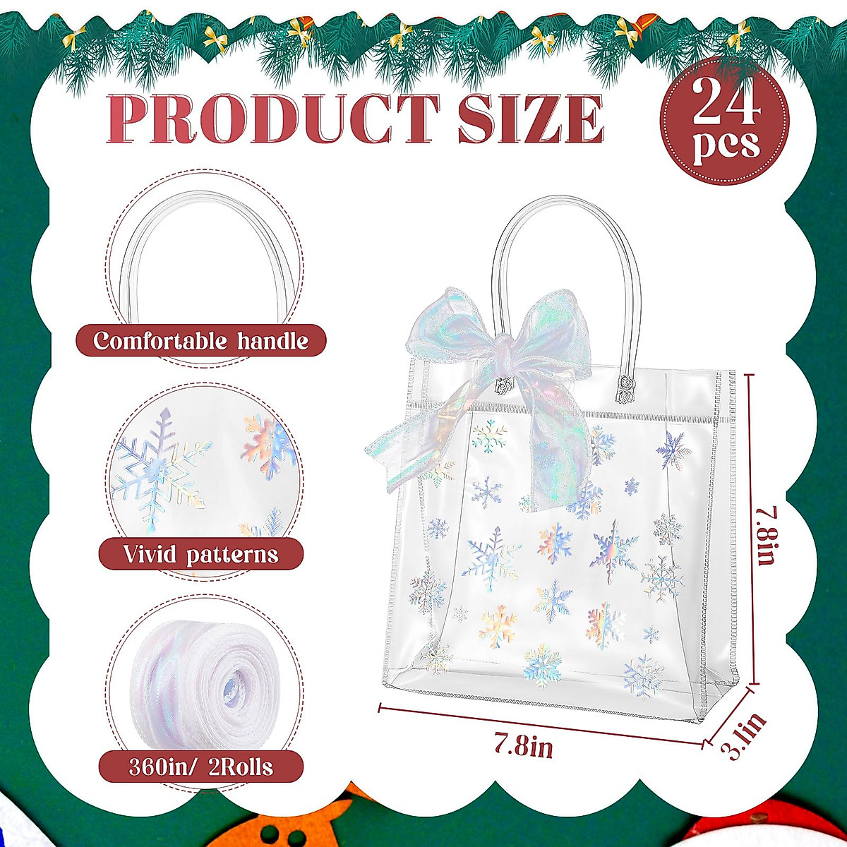 Henoyso 24 Pcs Snowflake Clear Gift Bags Winter Frozen Party Favors Bags Christmas Plastic Candy Goodie Treat Bags with Handles and Ribbon 7.8 x 7.8 x 3.1 PVC Gift Wrap Tote(Laser Silver)