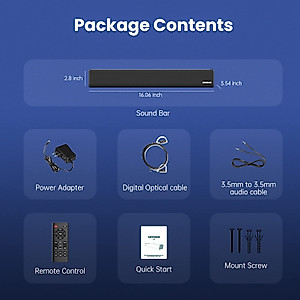 Sound Bar, BESTISAN 50 Watts Soundbar with HDMI, Optical, Coaxial, AUX, USB and Bluetooth Connection, DSP, Bass Adjustable, 16 Inch, Mountable