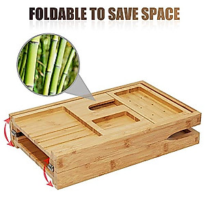 Foldable Bamboo Bathtub Caddy Bath Tub Tray Bridge Shower Shelves Organizer Tray, Extending Sides Built in Book Tablet Integrated Wineglass Holder Phone Tray & Accessories Placement