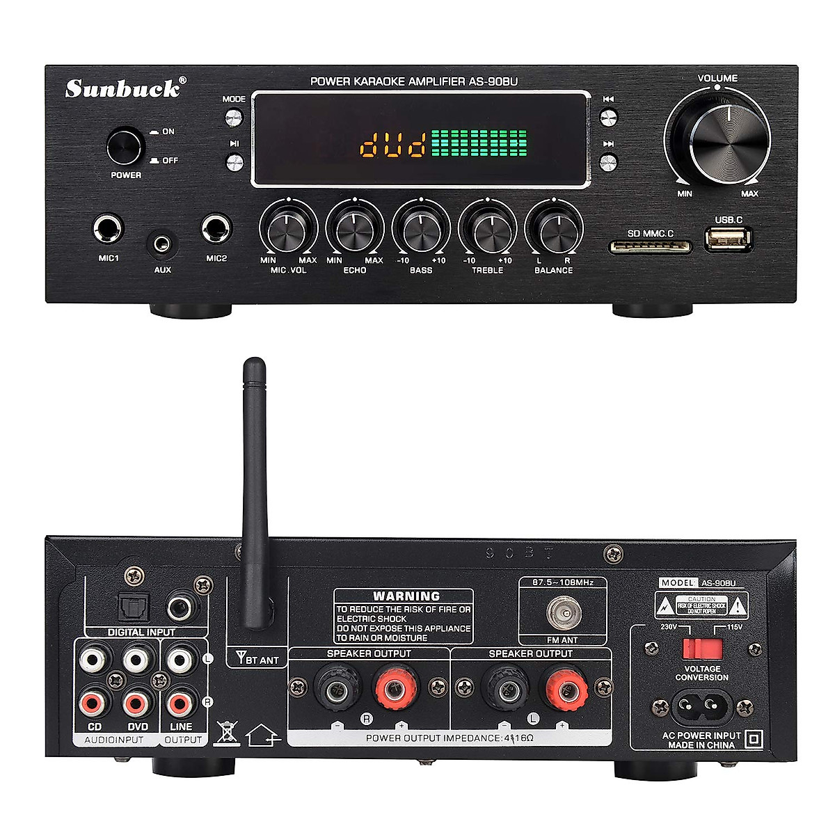 Wireless Bluetooth Home Audio Amplifier – 400W Dual Channel Home Theater Sound Compact Stereo Receiver System w/FM Radio, USB/SD, AUX, RCA, Mic in, Remote Control for Sweet Sound. (Sunbuck AS-90BU)