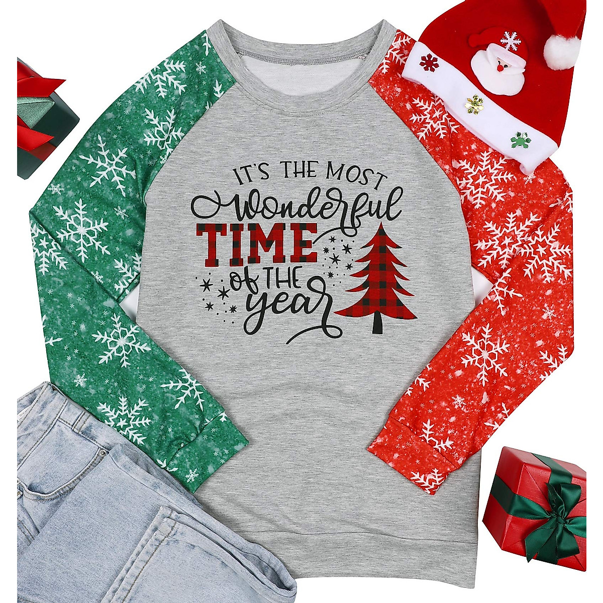 TAOHONG Merry Christmas Sweartshirt for Women Xmas Buffalo Plaid Tree Color Block Christmas Snowflake Print Long Sleeve Top T-Shirt Gray