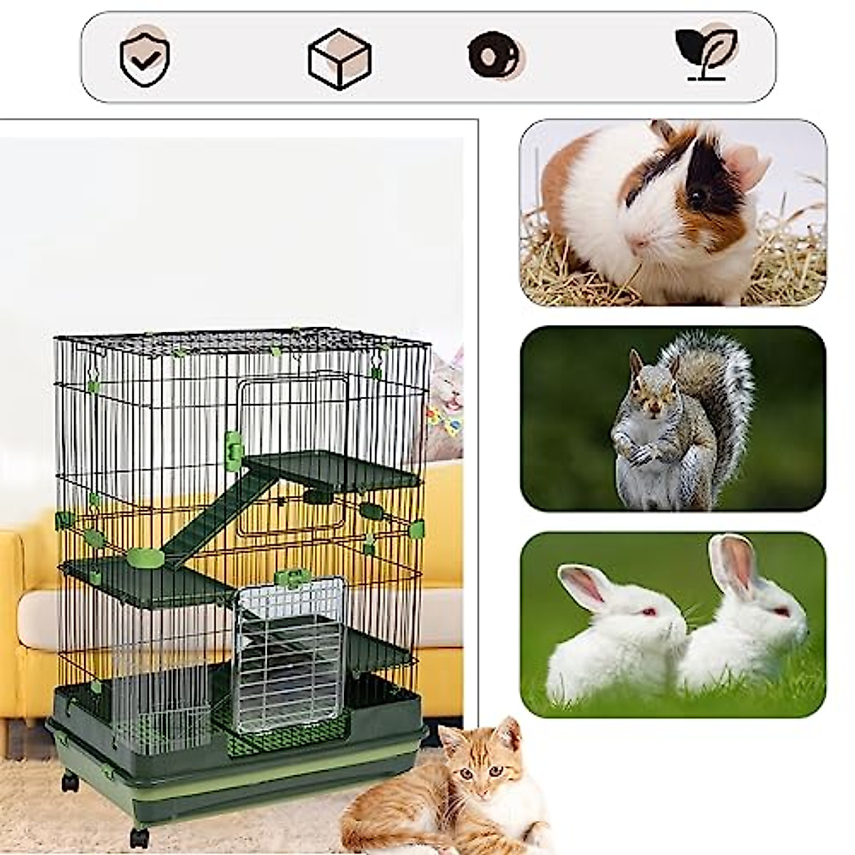 Yone jx je 4-Level Small Animal Cage Hutch with Wheels, Removable Tray, Platform and Ramp for Rabbit Bunny, Chinchillas, Ferret, Hedgehog & Gerbils (Green)