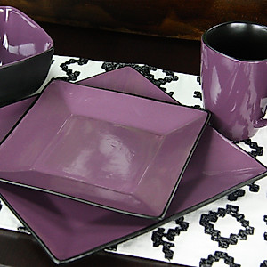 Elama Stoneware Square Dinnerware Dish Set, 16 Piece, Solid Purple