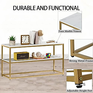 Function Home TV Stand for TVs up to 50 Inch, 3 Tier Entertainment Center, Modern TV Cabinet with Marble Top and Gold Metal Base, 42" Media Console Table with Storage for Living Room Bedroom