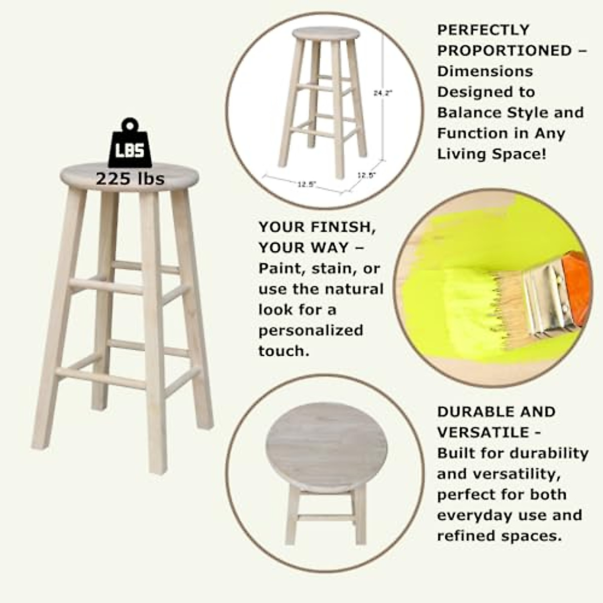 IC International Concepts, Unfinished H Round Top Wooden Stool, Solid Parawood Kitchen/Dining Barstool, Fully Assembled, 225 lb Weight Capacity, Paint or Stain in Any Color, 24-Inch