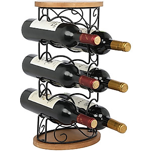MyGift Vintage Solid Brown Wood Countertop Wine Bottle Rack with Black Metal Scrollwork Design, Decorative 6 Bottle Wine Holder Stand