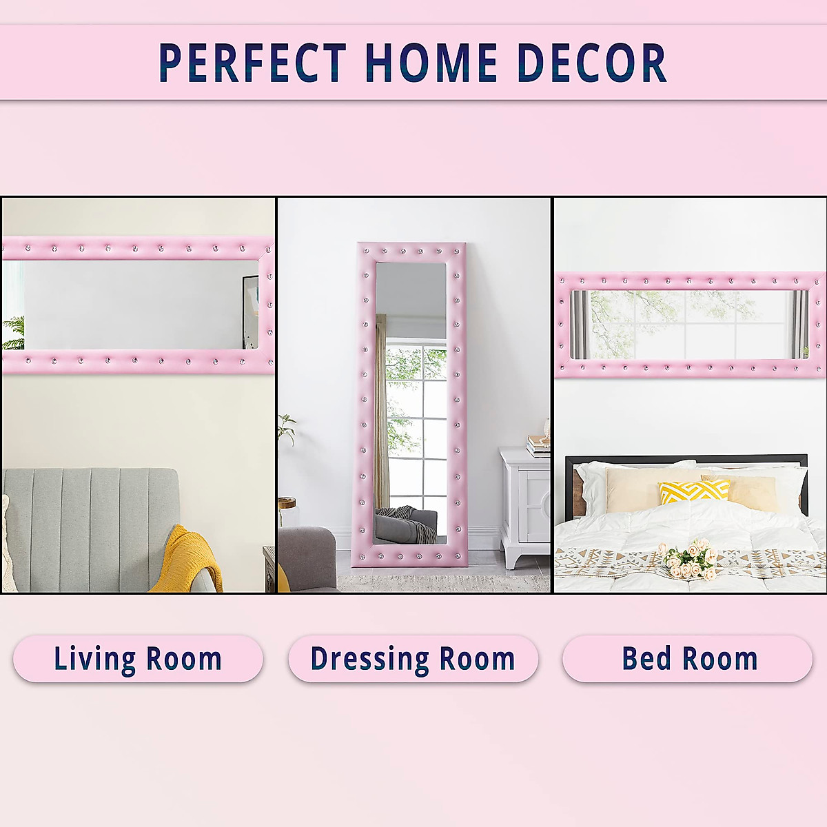 Full Length Mirror with Stand – Burst-Proof, Crystal Tufted Design for Bedroom, Girls Room, and More – Large, Wall Mounted, Floor Length Mirror with Shatterproof Glass and Versatile Mounting - Pink