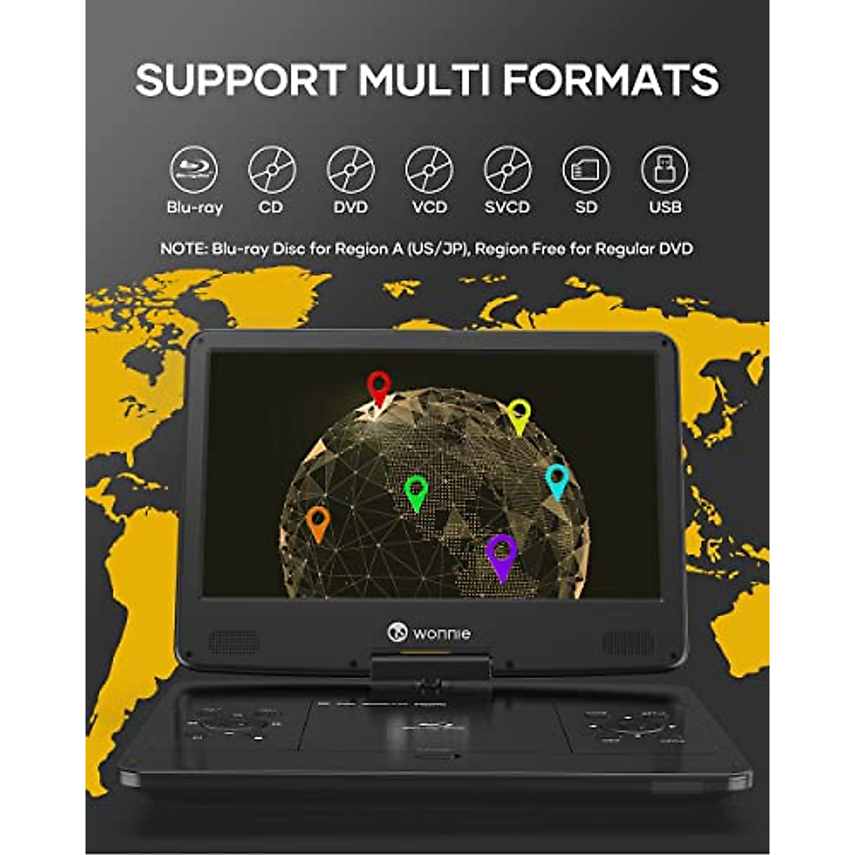 WONNIE 16.9" Portable Blu ray DVD Player with 14.1" 1080P HD Swivel Screen, 4-Hour Rechargeable Battery, Supports HDMI Output, Dolby Audio, Last Memory, Region Free, USB/SD Card, AV in