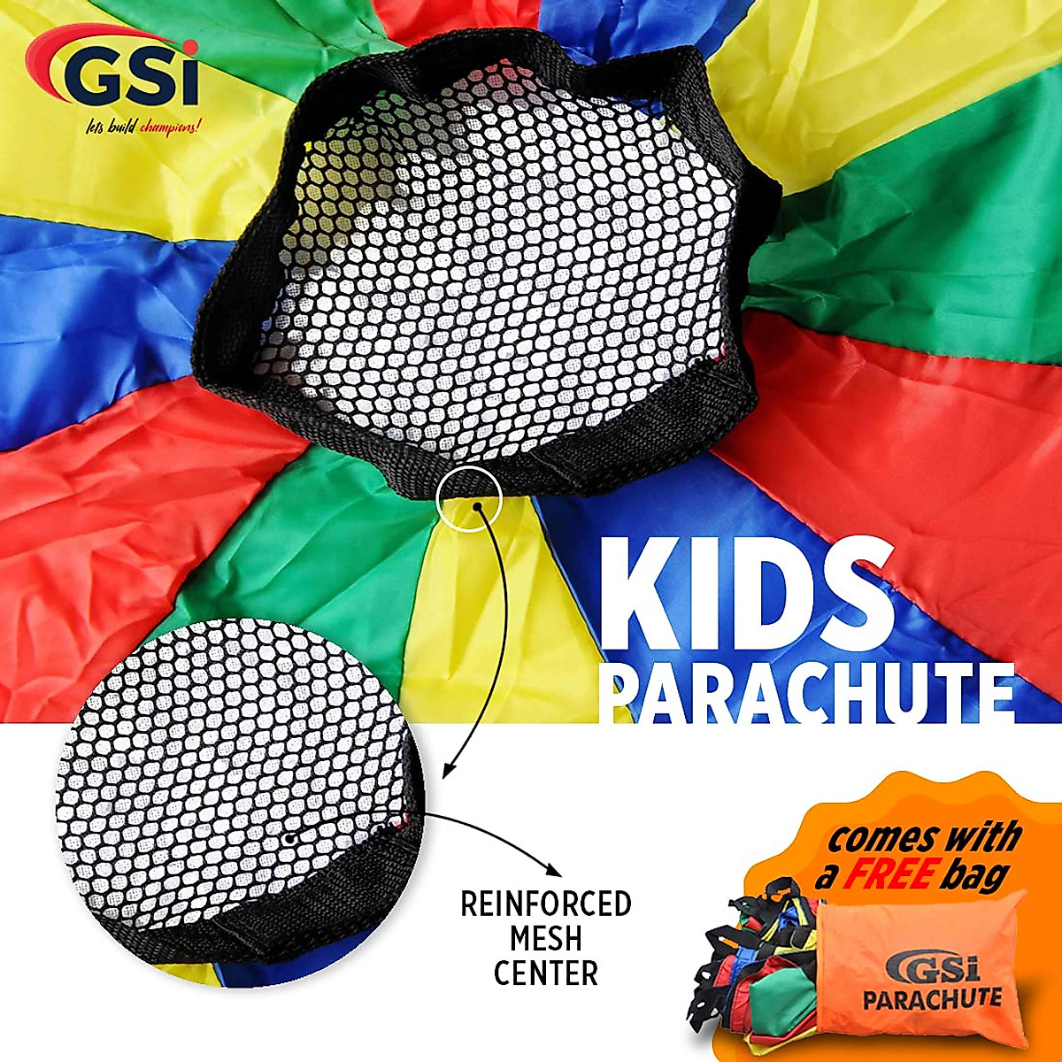 GSi Kids Play Parachute Rainbow Parachute Toy Tent Game for Children Gymnastics Cooperative Play and Outdoor Playground Activities (12 Feet)