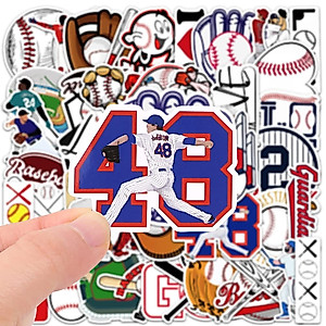 JOICEE 50pcs Baseball Stickers，Waterproof Vinyl Baseball Tattoos for Kids Teens Boys Adults, Sports Decals for Snowboard Laptop Water Bottles Hydro Flasks Phone Guitar Skateboard Computer