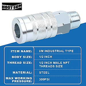 1/2" Air Hose Fittings Set, High Flow 1PC I/M Industrial Type Coupler with 1/2" MNPT, 2PCS Plugs with 1/2" NPT, 3PCS Steel Air Compressor Accessories Quick Connect Fittings 300PSI