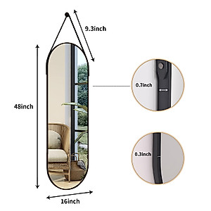 XRAMFY 16''x48'' Full Length Mirror with Hanging Leather Cord,Modern Aluminum Frame Full Body Hanging Mirror for Bathroom Vanity Living Room Bedroom Entrance