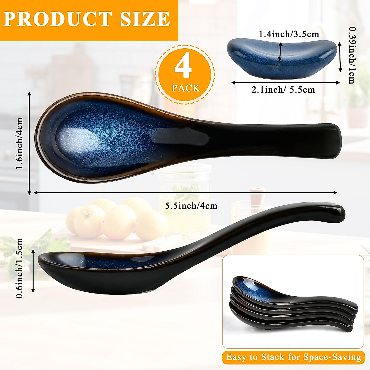 Supkiir 4Pcs Asian Soup Spoon Set, Ceramic Retro Blue Japanese Ramen Spoons with 4pcs Spoon Rest, Long Handle Chinese Soup Spoons Non-Slip Porcelain Spoon for Cereal Stews Ramen Wonton Dumpling Miso
