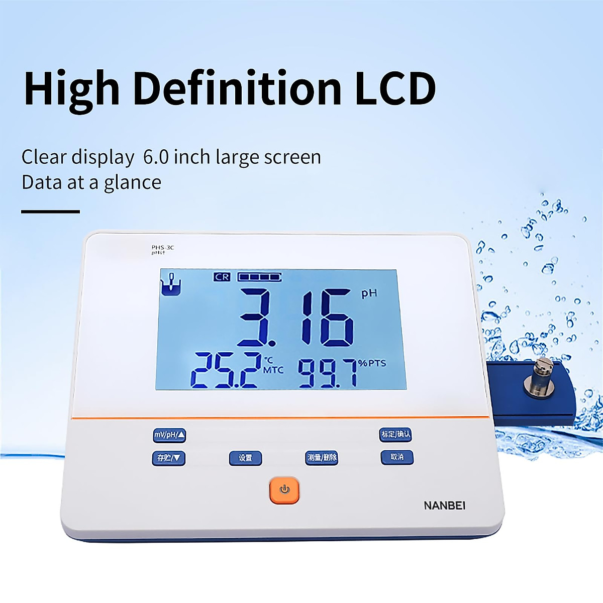 NANBEI Instruments,Lab Benchtop pH Meter kit,1-2Points Auto Calibration,0.01 pH Accuracy,Digital Bench Top pH Meter and Electrode,6.0 inch High Definition Screen(PH100B)