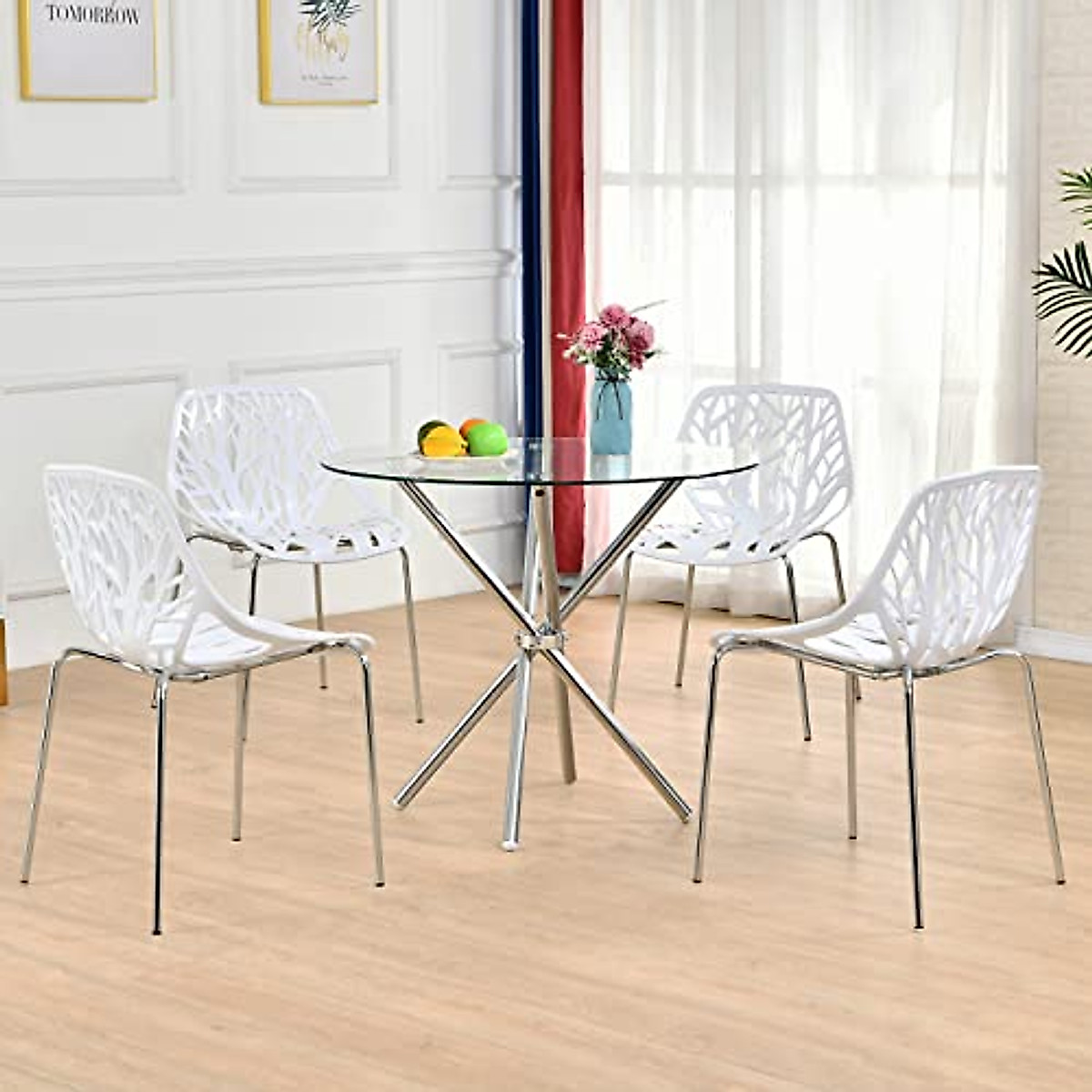 SICOTAS Glass Dining Table Round Kitchen Table with 4 Silver Chrome Legs,Modern Circle Dining Room Tables for 2 or 4,Small Dinner Table for Kitchen,Apartment, Small Spaces,35.4D x 29.5H,Clear