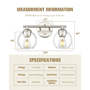 Emak Brushed Nickel Vanity Lights, 2-Light Bathroom Light Fixtures with Clear Glass Shade, Modern Globe Vanity Light for Bathroom, VL114-BN-2