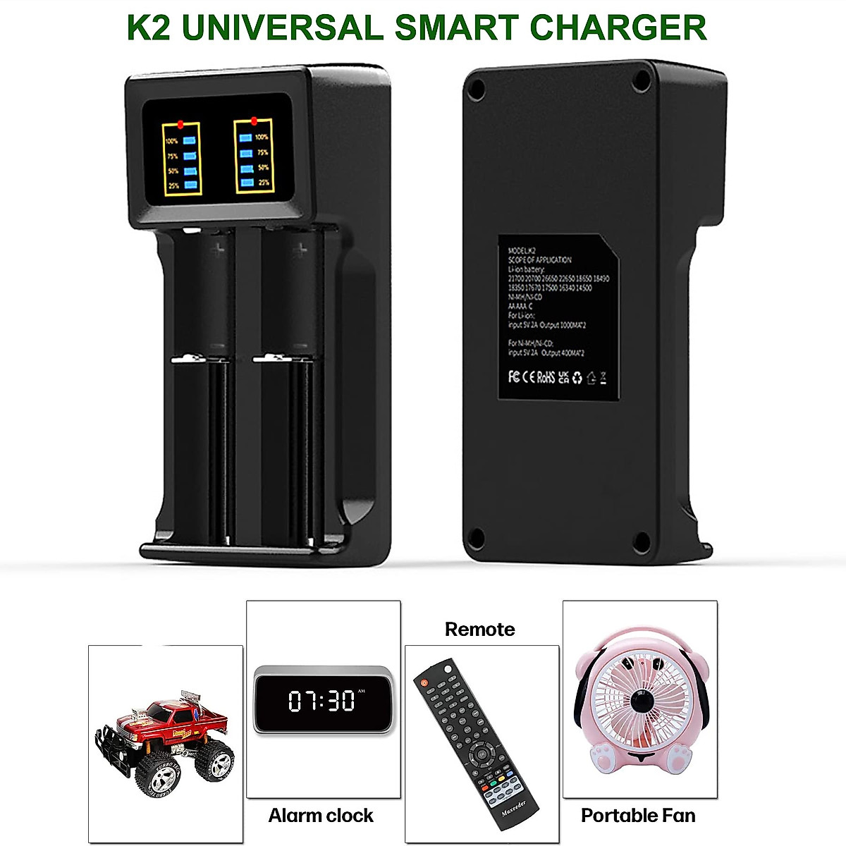 USB Battery Charger 2-Bay 5V 2A for Rechargeable Batteries 1.2V AA AAA 3.7V Li-ion 26650 18650 16340(RCR123) Capacity Display (Not Battery)