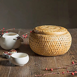 OKUMEYR Bamboo Tea Basket with Lid Round Rattan Storage Jar Wicker Storage Baskets Woven Storage Canister Sticky Rice Steamer Baskets Snacks Fruit Basket Bamboo Weaving Steamer