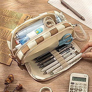 Joyask Large Capacity Canvas Pouch Storage Bag with Removable Spring Strap Checkerboard Plaid for Office Work Art (Brown White Plaid)