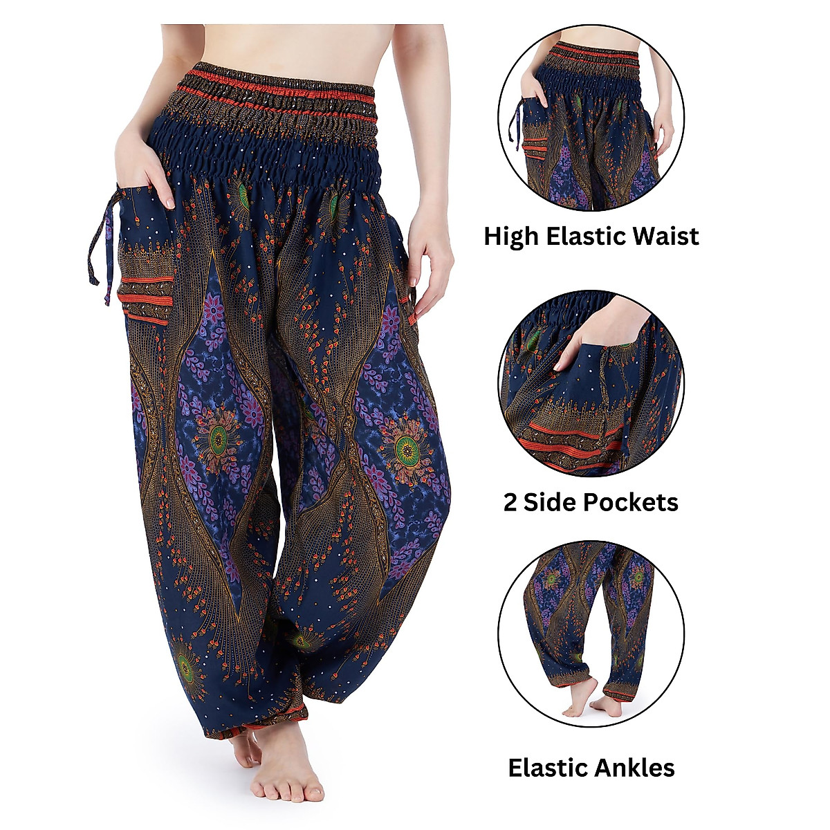Lannaclothesdesign Women's Smocked Waist Boho Flowy Yoga Harem Pants Hippie Clothes (M, Dark Blue)