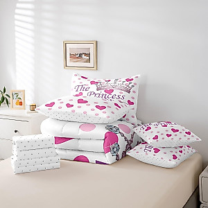 7 Pieces The Crown Comforter Set Twin, Fashion Princess Crown Bedding for Kids Girls, Rose Pink Hearts Dots Print Bed Set(1 Comforter,1 Fitted Sheet,1 Flat Sheet,2 Pillowcases,2 Throw Pillow Cover)