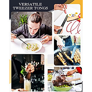 2 Pcs 12-inch Cooking Tweezers Tongs Precision Serrated Tips, Stainless Steel Professional Chef Tweezer Kitchen Tools for BBQ, Plating and Serving (Black)