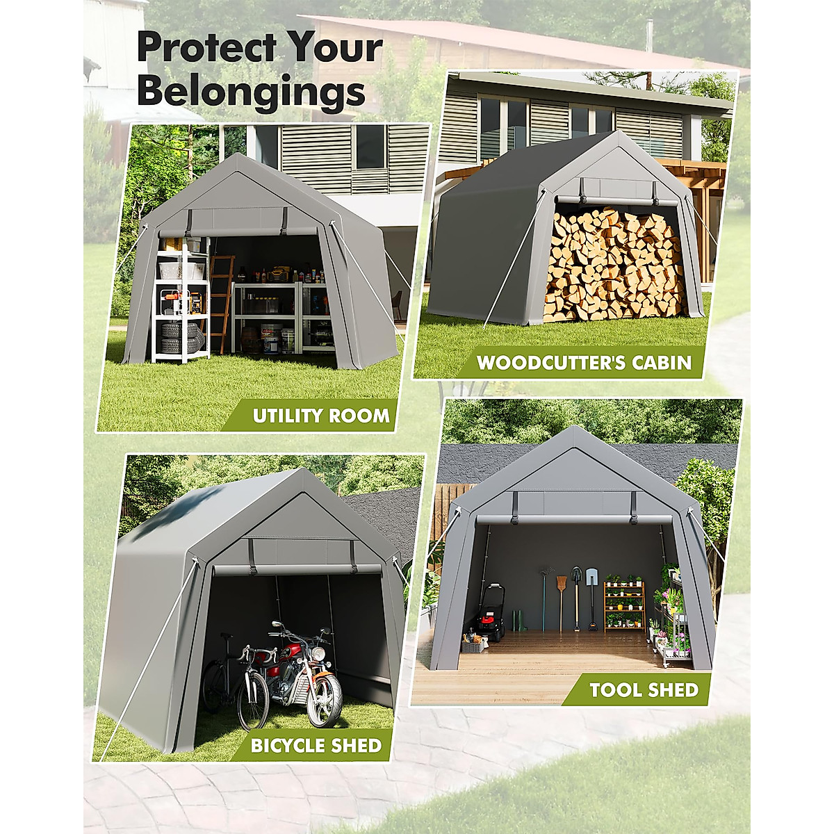 VerisShade 6 x 6 ft Carport Storage Shed, Shelter Logic with 2 Roll-up Zipper Door, Heavy Duty Waterproof Tarp, Storage Tent for Motorcycle, Bike, Garden Tools, Firewood
