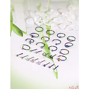 Jenxnjsjo Nose Rings Hoops Studs Piercings Jewelry Set for Women 20g Green Surgical Stainless Steel 20 g Gauge Rainbow Aretes para La Nariz Cute Tiny Straight Bar Nostril Bone Pack Hypoallergenic