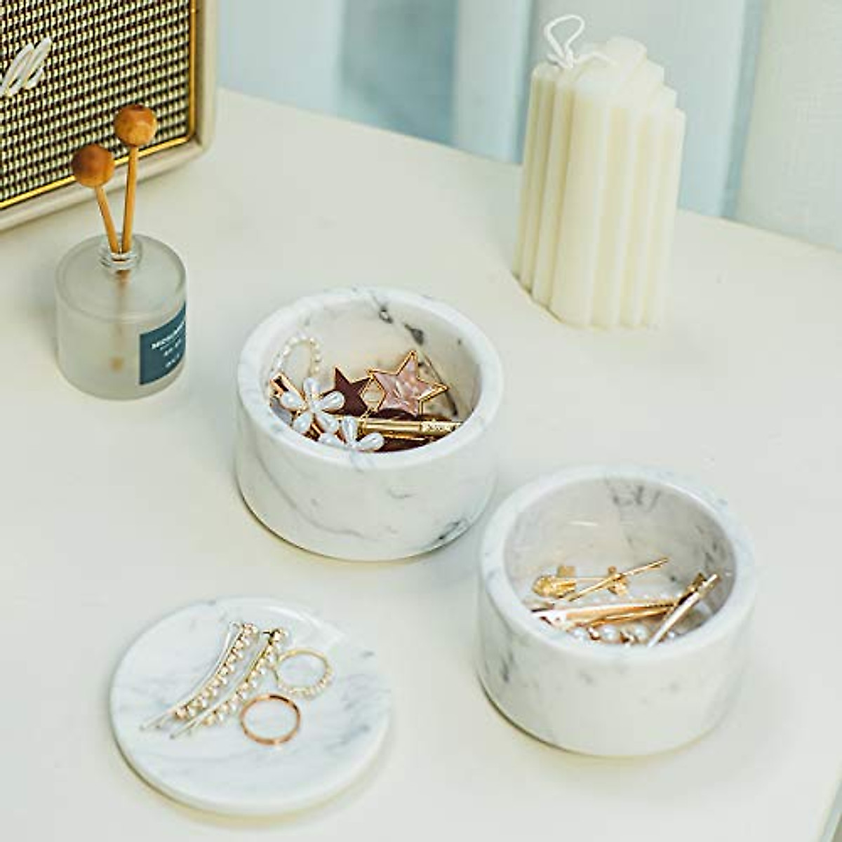 JIMEI Marble Jewelry Box Organizer Two-Tier Resin Storage Container with Removable Lid for Ring Necklace Bracelet Earrings, Rings and Accessories