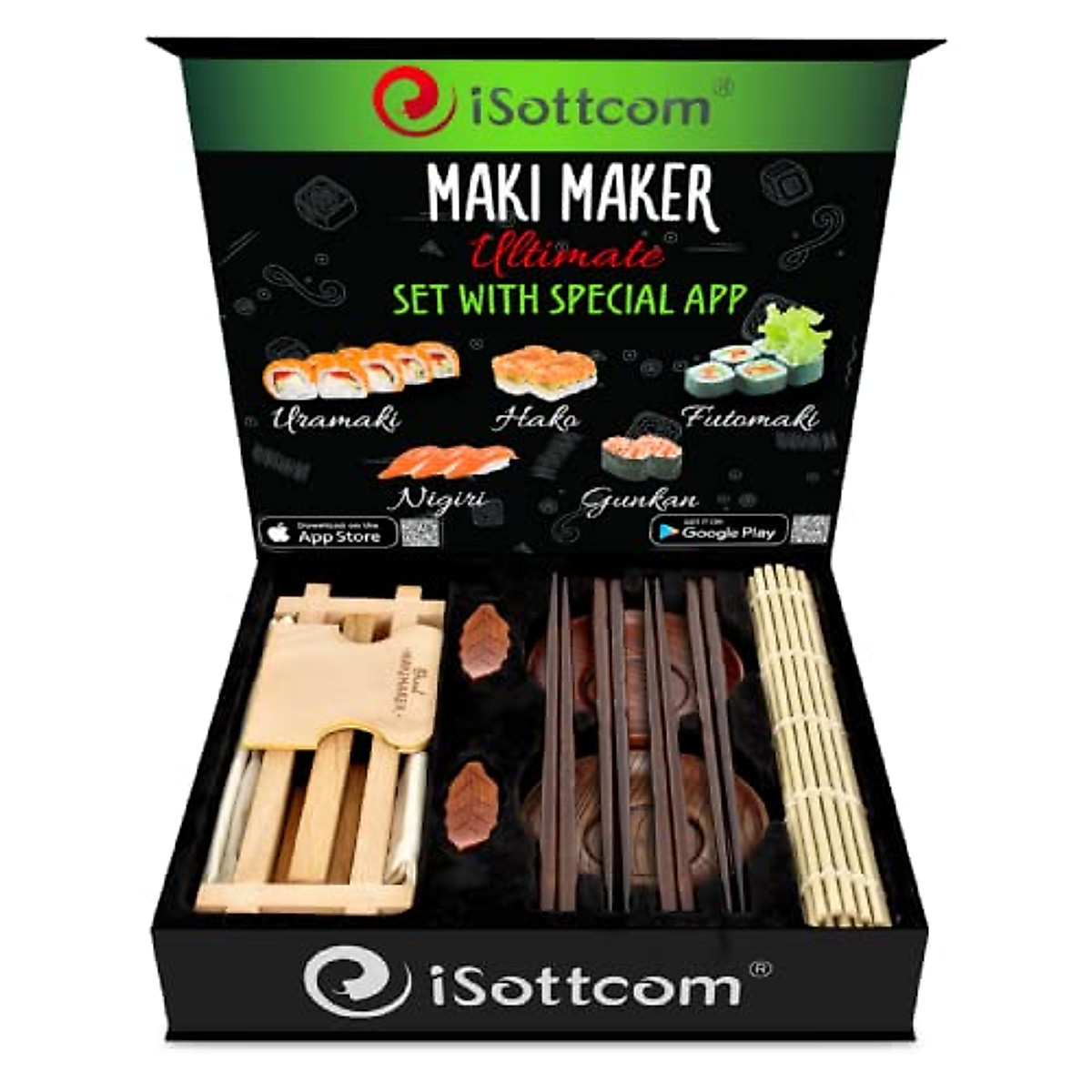 Isottcom Sushi Making Kit - Premium Sushi Set, Soy Sauce Mixing Bowls, Chopsticks with Holders, Bamboo Mat - Sushi rolling Kit for Home - Sushi roller Mobile App Sushi Maker Kit in Amazing Gift Box