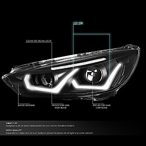 Auto Dynasty Pair Black Housing Clear LED Turn Signal Dual Halo DRL Projector Headlight Lamps Compatible with Ford Focus 15-18