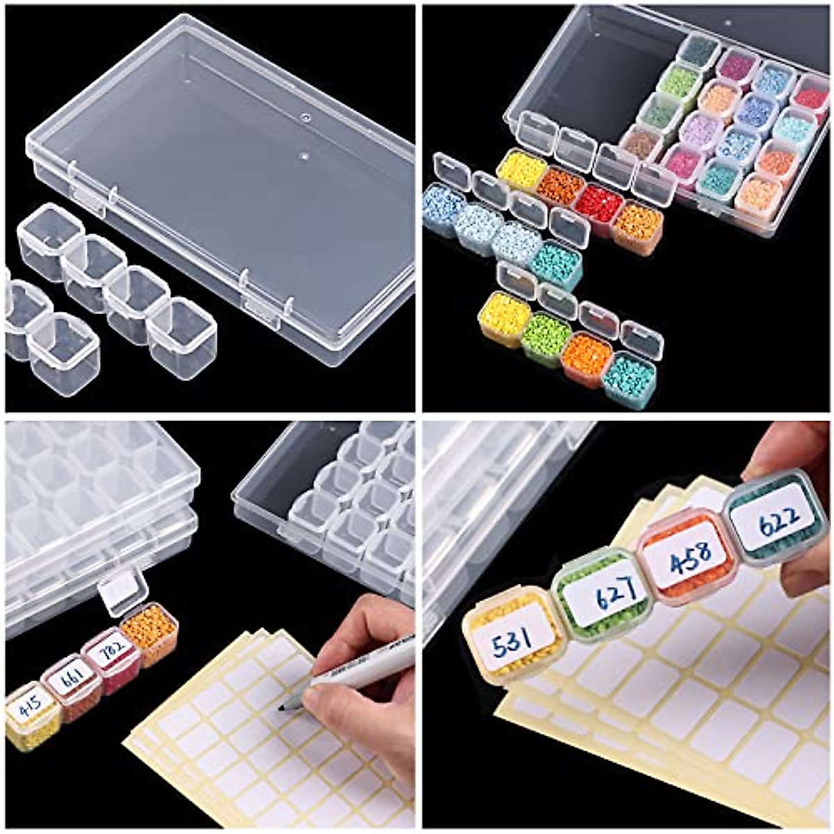 QUEFE 112 Slots Diamond Painting Storage Containers, 4pcs 28 Grids Clear Diamond Painting Accessories and Tools Boxes Bead Organizers Diamond Art Embroidery Storage with Label Stickers