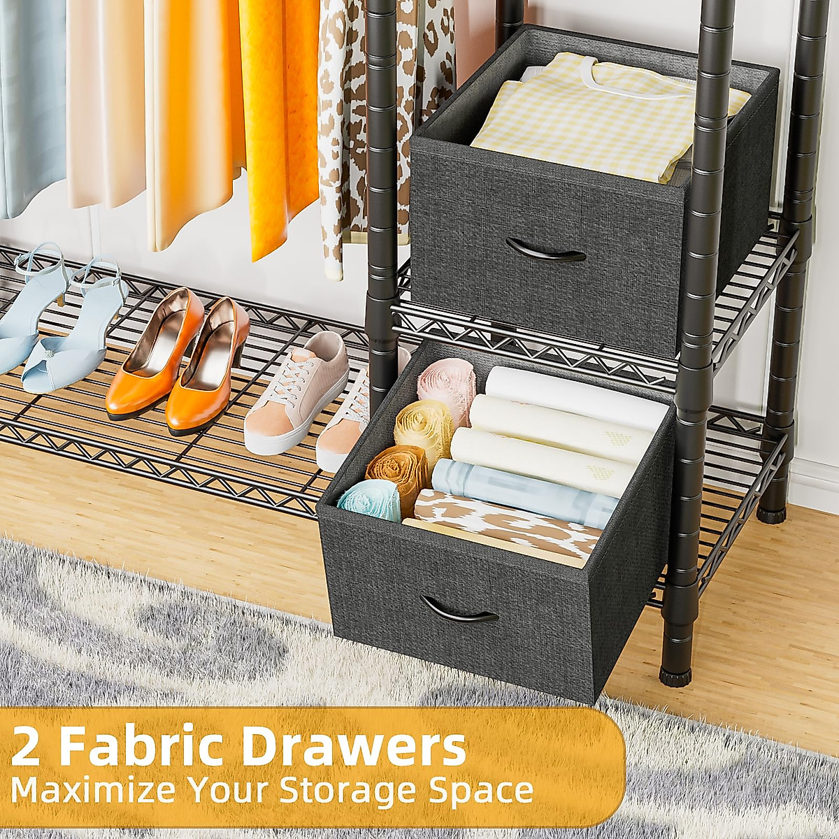 Ulif E6 Heavy-Duty Garment Rack, 5 Tiers Freestanding Clothes Rack with Fabric Drawers, Metal Clothing Wardrobe System Load 670 LBS, 58.6" W x 14.5" D x 71.6" H, Black