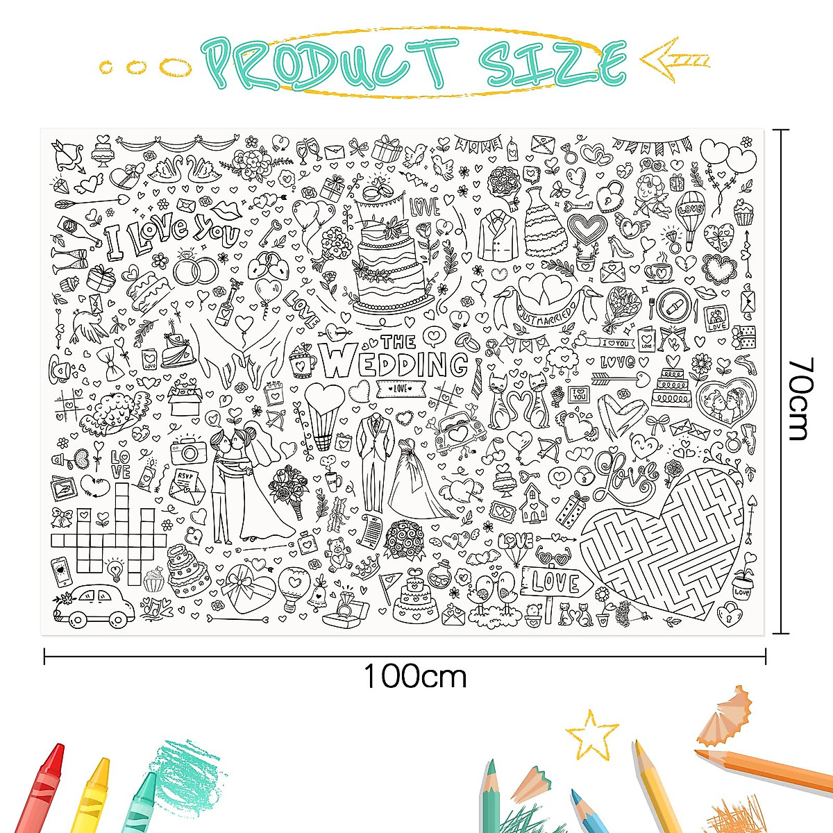 GWHOLE Giant Coloring Poster 40 x 28 Inch Table Cloth Wedding Themed Coloring Tablecloth Colorable Tablecloth for Wedding, Bridal Shower