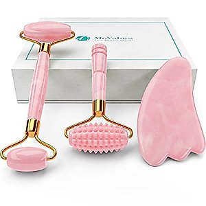 4-in-1 Jade Roller and Gua Sha Set. Rose Quartz Roller with Eye Massager, Jade Gua Sha, Ridged Roller Massager. Jade Roller For Face Real Jade 100% Jade Stone Roller. Facial Massager Ice Roller