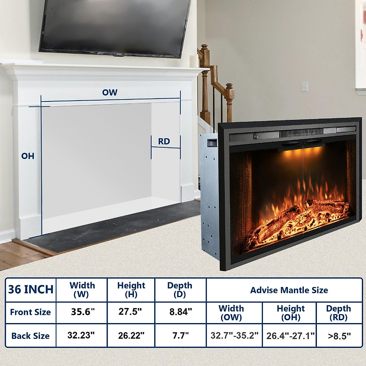 Velaychimney Electric Fireplace Insert, 36 Inches Recessed Fireplace Heater with Adjustable Flame and Top Light Colors, Fire Crackling Sound, Remote Control, Timer, 750W/1500W, Black