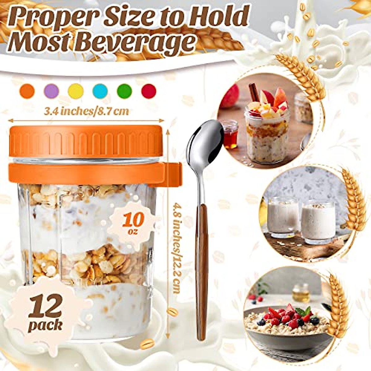 Sumind 6 Pack Overnight Oats Containers with Lids and Spoons 10 oz Large Capacity Airtight Oatmeal Container Glass Mason Overnight Oats Jars Reusable Container for Cereal Yogurt and Parfait