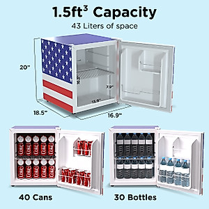 Husky 43L Countertop Mini Refrigerator with Reversible Door, Beverage Cooler with 40 Can Capacity, College Dorm Refrigerator, Beverage Refrigerator for Home and Office (US Flag)