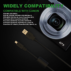 Toeasor Replacement Micro USB Interface Cable IFC-600PCU Charging Date Sync Cord Compatible with PowerShot G7X Mark II, G9 X, G9 X Mark II, SX620 HS, SX720 HS, SX730 HS, EOS M5, EOS M6