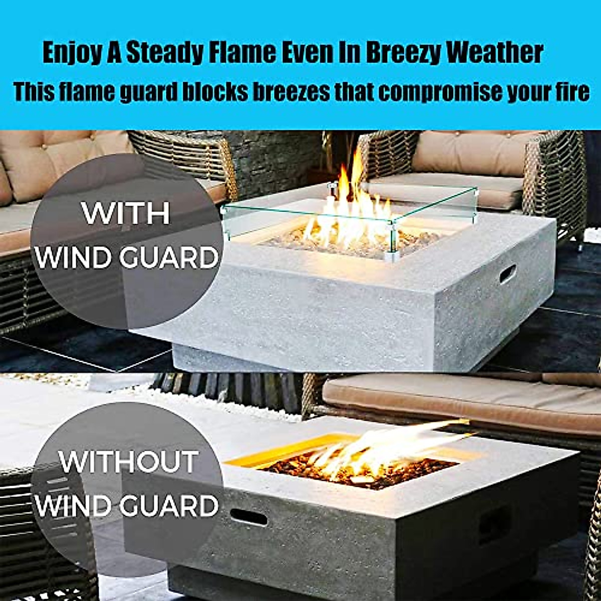 DONSIQIZZ Fire Pit Wind Guard, 15 x 15x 6.5 Inch Fire Wind Guard Fence, Square Glass Shield, Clear Tempered Glass Flame Guard Fit for Propane, Gas, Outdoor Fire Pits Burner Pan/Table