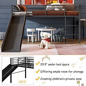 Giantex Twin Loft Bed with Slide, Metal Low Bunk Bed w/Safety Guardrails & Built-in Ladder, Toddler Bed Floor Frame for Boys & Girls, No Box Spring Needed (Black)