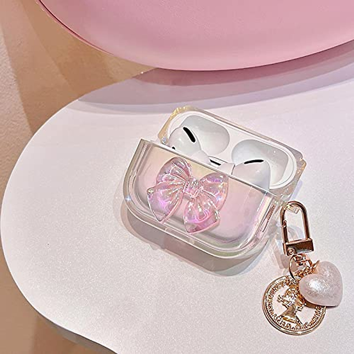 Ownest Compatible with AirPods Case Cute Clear Gradual Laser Bow Pattern Girls Woman Soft Silicone Shockproof Love Heart Keychain Design Cover for AirPods Pro-Transparent