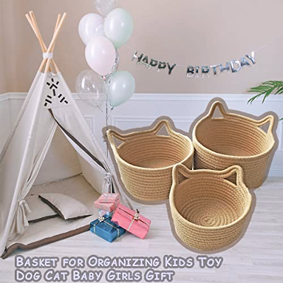 Small Woven Baskets | Mini Storage Bins | Cotton Rope Baby Nursery Organizers | Cute Round Cat Ears Basket for Organizing Desk Decor Kids Toy Dog Cat Baby Girls Gifts-Set of 3(Beige)