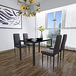 FIQHOME 5-Piece, Black Tempered Glass Kitchen Faux Leather Padded, Contemporary Room 4, Family Dining Table & Chair Set