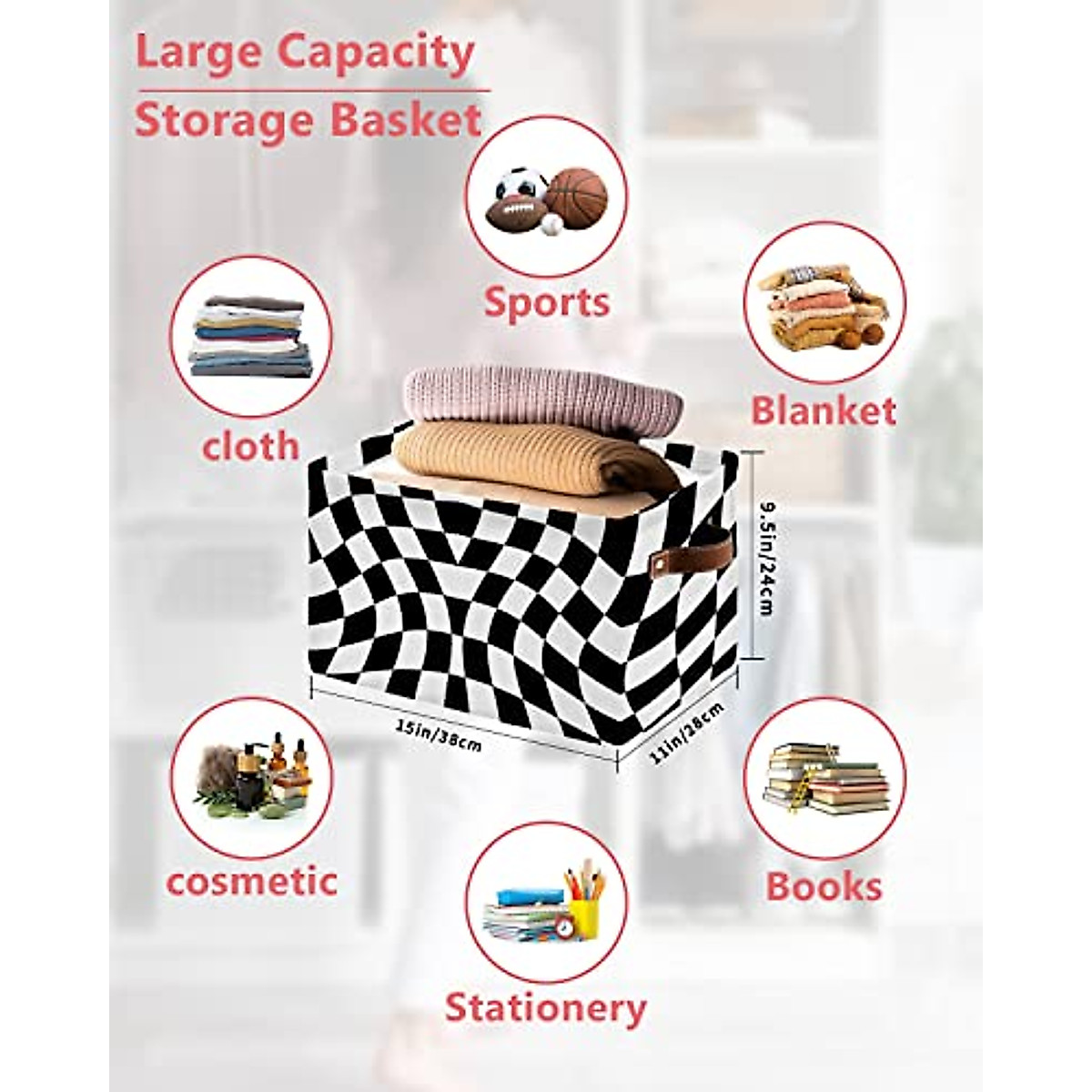 Black and White Checkered Storage Basket Waterproof Cube Storage Bin Organizer with Handles, Modern Irregular Geometric Collapsible Storage Cubes Bins for Clothes Books Toys 15"x11"x9.5", 2 Pcs