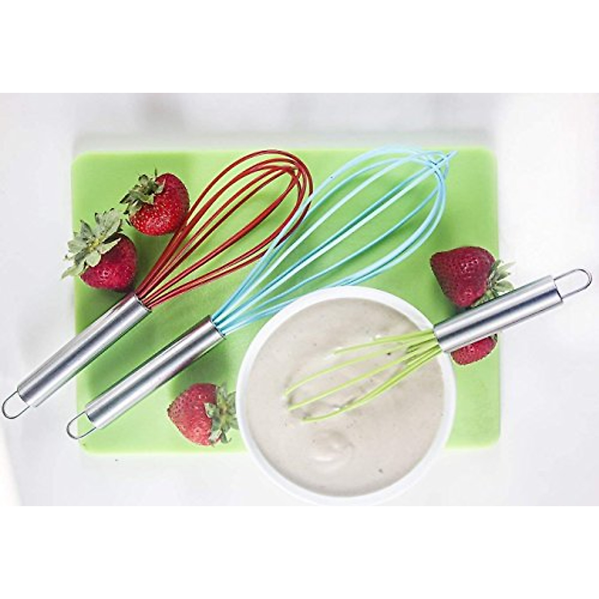 Silicone Whisk Set of 3 - Stainless Steel & Silicone Non-Stick Coating – Colored Balloon Egg Beater for Blending, Whisking, Beating, Frothing & Stirring (12-inch, 10-inch & 8.5-inch)